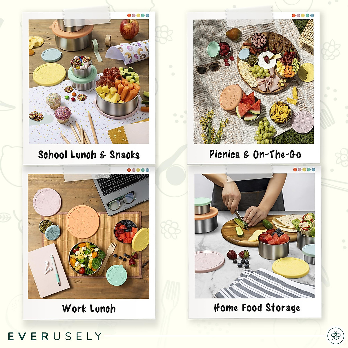 Everusely Stainless Steel Containers With Lids, Stackable Toddler Snack Containers, Leak-Proof Stainless Steel Lunch Box for Kids, Metal Food Storage Containers, Bento Box for Salad, Kids Lunch Box