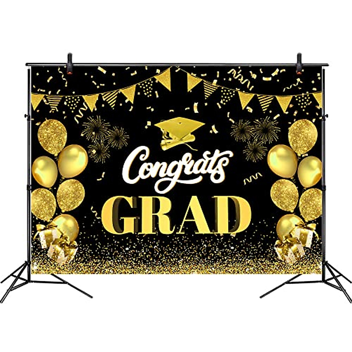 HVEST Congrats Grad Backdrop Black and Gold Balloon Class of 2023 Photography Background for Graduation Party Decorations Graduation Banner Cake Table Decor Photo Booth Props,7x5ft