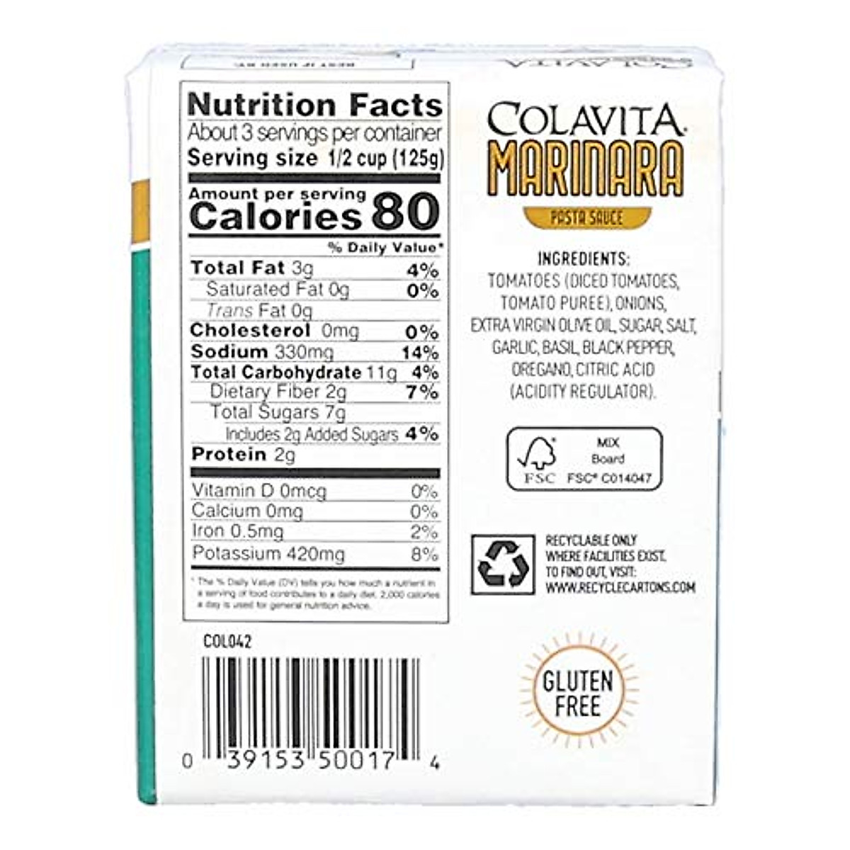 Colavita Recart Sauces - Marinara Pasta Sauce, 13.76oz Recart