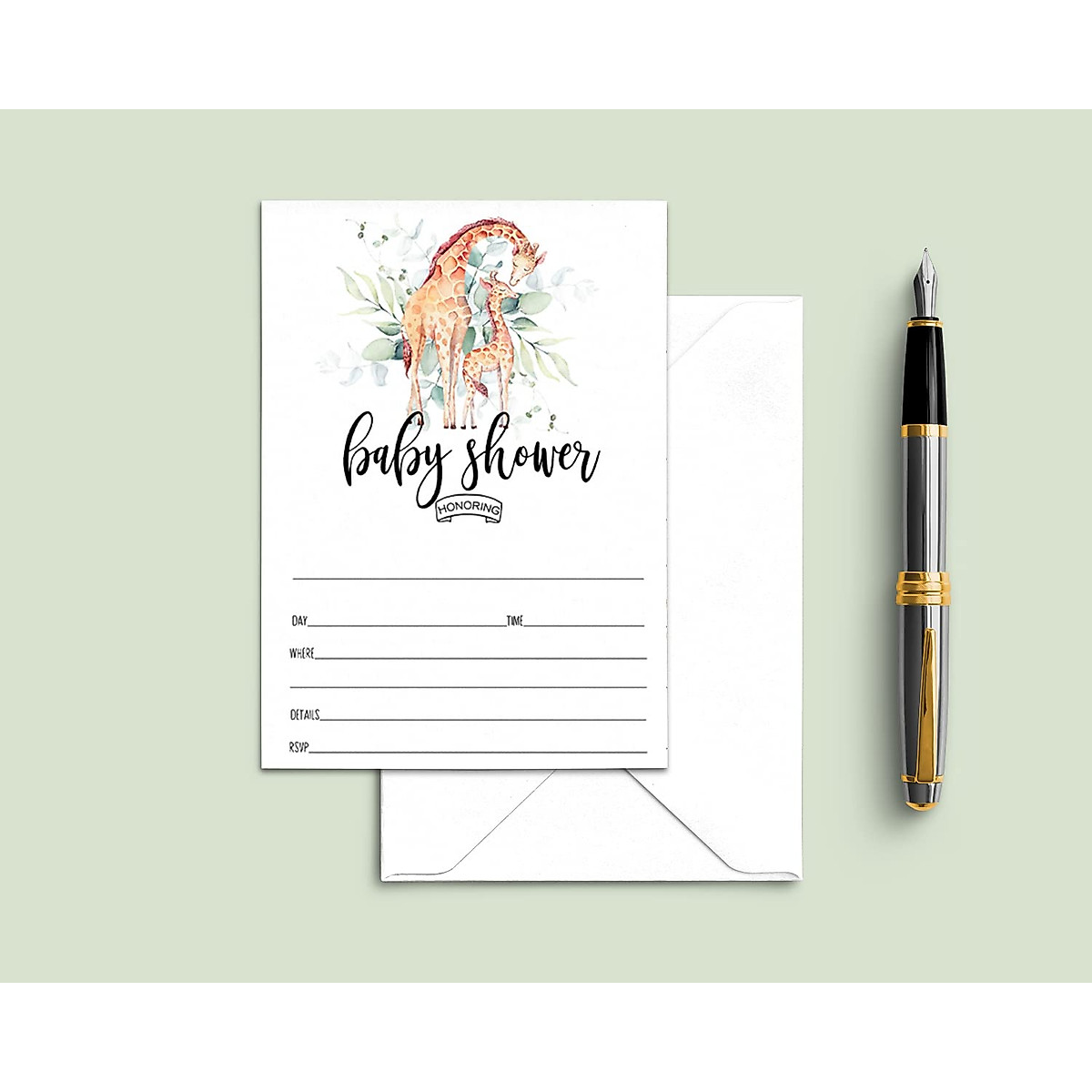 Giraffe Baby Shower Invitations Gender Neutral (25 Pack) Blank Invites for Reveal Parties – Greenery Theme Boy or Girl – Handwrite Party Details on Printed Invitation with Envelope Set 5x7