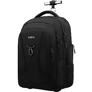 AMBOR Rolling Backpack, Waterproof 18 Inch Wheeled Backpack, Carry-on Bag Luggage Suitcase Compact Business Backpack with Wheels, Student Rolling Laptop Bag Carry Luggage - Black