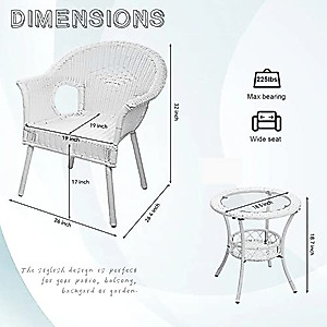 MeetLeisure Bistro Set 3 Pieces Outdoor Patio Furniture Set, Wicker Chairs Set of 2 with Outdoor Side Table, Outdoor Chairs for Patio Lawn Porch, White