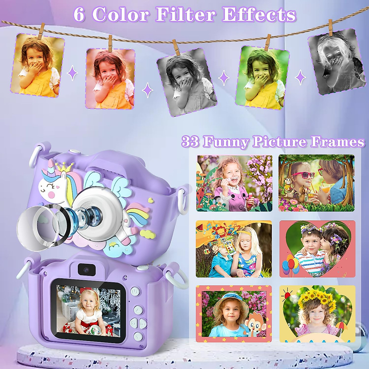 Anesky Kids Camera, Best Birthday for Girls/Boys Ages 3 4 5 6 7 8 9 10 11 12, Kids Digital Camera for Toddler with Video, Toy Camera for 3-12-Year-Olds Kids with 32GB Card - Purple