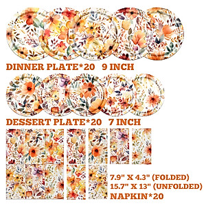 Juweked 60Pcs Fall Plates and Napkins Sets Fall Floral Paper Plates and Napkins Thanksgiving Tableware Set Fall Party Decorations for Bridal Shower Autumn Party Supplies Fall Harvest Decorations