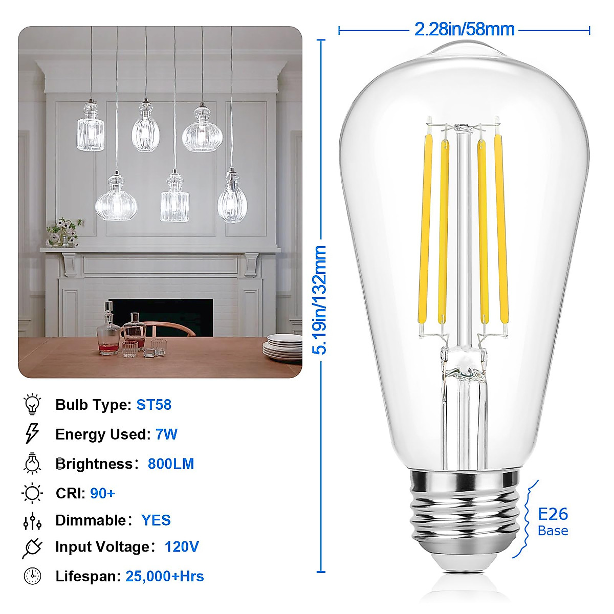 Vintage LED Edison Bulbs 60 Watt Equivalent Dimmable 7W ST58 LED Filament Light Bulbs Neutral White 4000K Antique Style Lighting High Brightness 800LM E26 Medium Base Clear Glass Home Office, 12 Pack