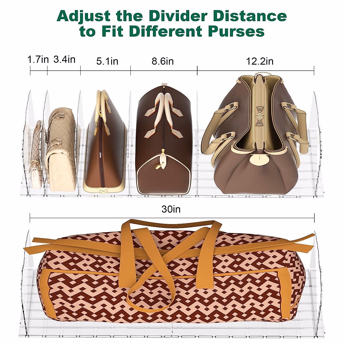 MEKEET Purse Organizer, Acrylic Purse Organizer for Closet, 32 Inch 10 Panels Adjustable Shelf Bag Divider, Clear Wave Detachable Handbag Storage Shelf, Keep Purses Upright