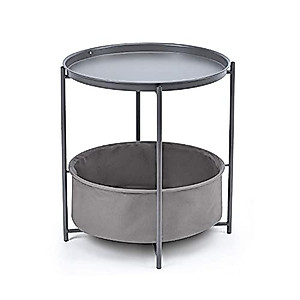 TOOLF End Table, Metal Nightstand, Coffee Round Table, Sofa Side Snack Table with Detachable Tray Top and Fabric Storage Basket, Scandi Style Table for Living Room Bedroom (Dark Grey)