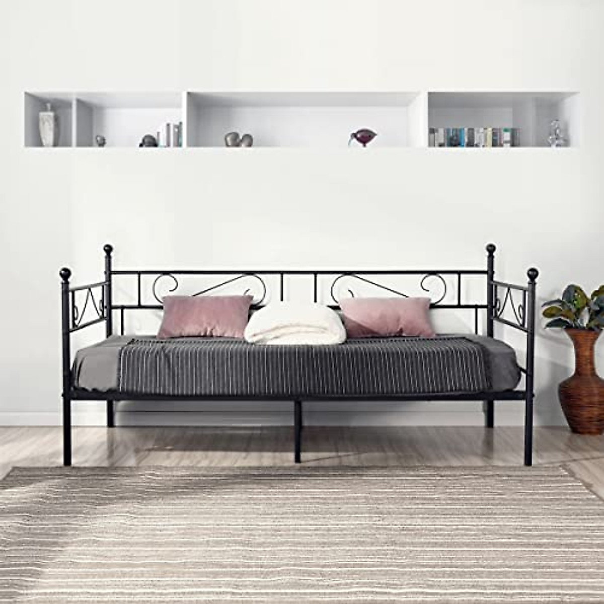 FurnitureR Metal Daybed Frame, Twin Size Metal Platform Bed with Headboard,Heavy Duty Steel Slats Support for Living Room Bedroom Guest Room, Black