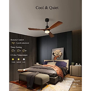 Chriari Ceiling Fans with Lights, 3 Wood Fan Blades, 52" Black Modern Ceiling Fan with Remote Control, Noiseless Reversible DC Motor for Bedroom/Living Room/Study/Patio