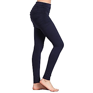 HEYHUN Womens Athleisure Ultra Soft Knit Foldover Ruched Skirted Yoga Leggings - Navy - XL