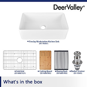 DeerValley 33 inch White Farmhouse Sink, Fireclay Farmhouse Kitchen Sink, Single Bowl Kitchen Sink, Front Apron Sink for Kitchen, Workstation Sink with Grid, Sink Strainer & Workstation Accessories