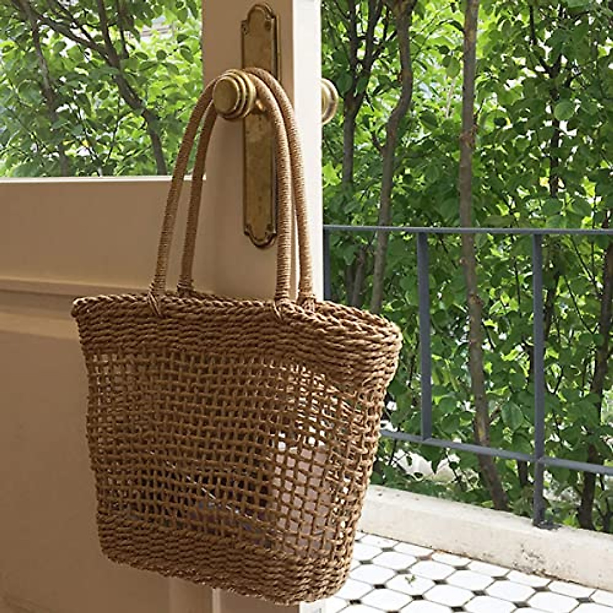 SHERCHPRY Bag for Handbag Women Summer Sea Hand-woven Travel Basket Straw Beach Vacation Woven Fashion Tote Bags Hollow-out Top-handle Clutch Rattan Khaki