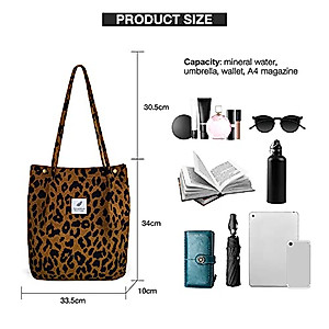 Corduroy Tote Bag for Women Girls Shoulder Bag with Inner Pocket For Work Beach Lunch Travel Shopping Grocery (Leopard Print, 1 Pcs)