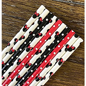 Minnie Mouse Inspired Mouse Ears and Polka Dot Paper Straws - Red White Black - 7.75 Inches - 100 Pack - Outside the Box Papers Brand