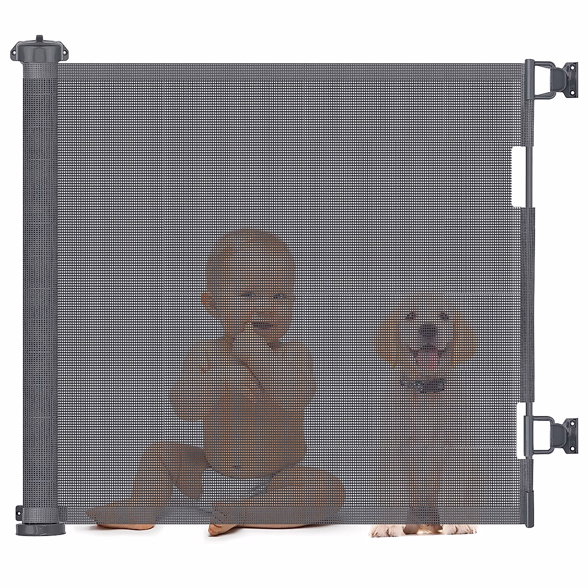 Retractable Baby Gate, Extra Wide Child Mesh Safety Gate with 2 Sets of Mounting Hardware, Pet Dog Gate 34" Tall, Extends to 59" Wide for Stairs, Doorways, Hallways, Deck, Banisters Indoor/Outdoor