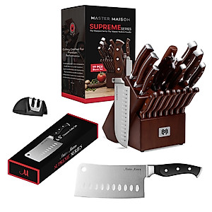 Master Maison Walnut Kitchen Knife Set With Knife Block & Bonus Cleaver | German Stainless Steel Knives With Knife Sharpener & 8 Steak Knives | Butcher Block Knife Sets For Kitchen