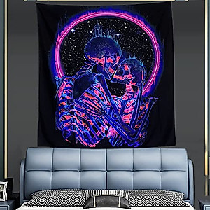 BIECWIAY Skull Kiss Lover Blacklight Tapestry for Bedroom Tapestry UV Reactive Fantasy Skeleton Trippy Tapestry Black Light Tapestry Aesthetic Wall Hanging for Room Home Decor