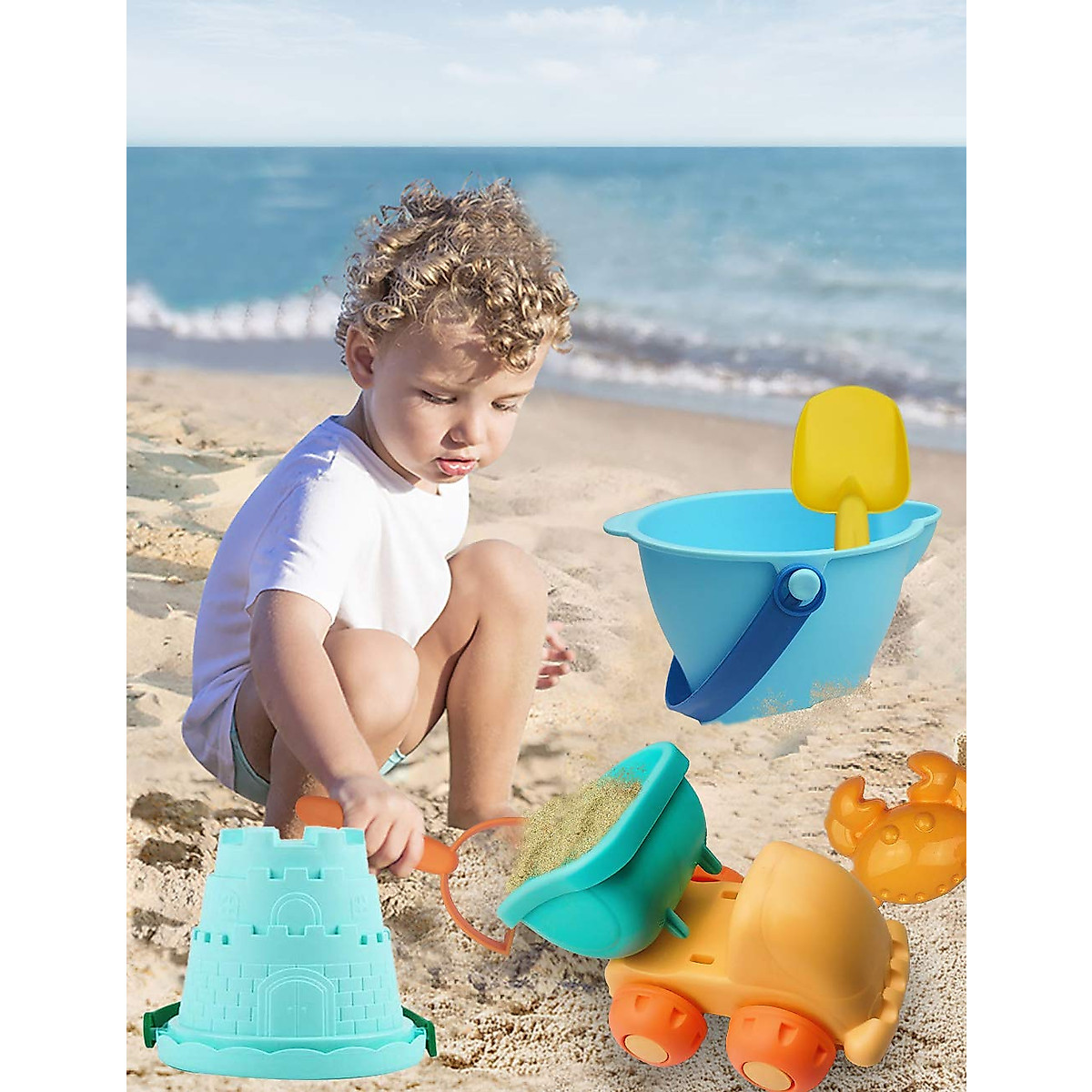 IOKUKI Long Shovels Sand Toys Set with Mesh Bag Including Dump Truck, Beach Buckets, Shovels, Rakes, Molds, Outdoor Beach Toys Tool Kit for Kids, Toddlers, Boys and Girls (15 PCS) Age 3+