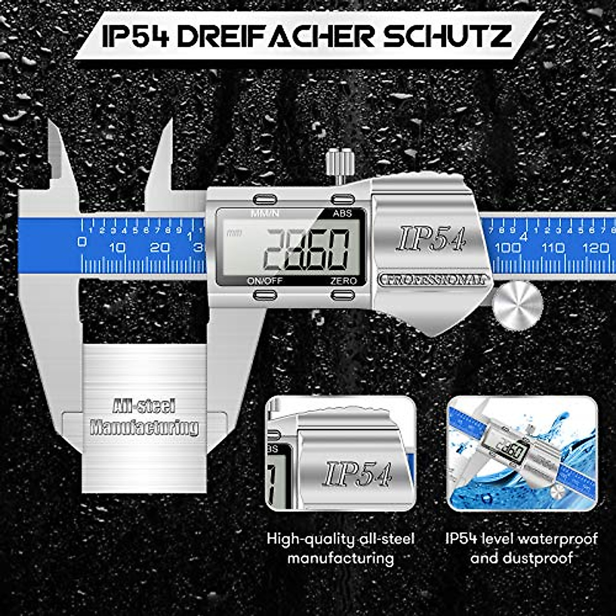 Digital Calliper, 150 mm Stainless Steel Measuring Gauge Measuring Tools Splashproof Dustproof with Replacement Battery and Large Display for Household and Industry