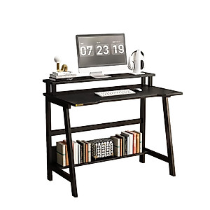YQ JENMW 31.5 Inch Small Desk, Small Computer Desk for Small Spaces, Modern Writing Table with Monitor Storage Shelf, Compact Laptop Desk for Home Office and Study, Black