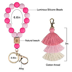 Bisanzoya Luminous Silicone Key Ring Bracelet with Tassel, Unique Wristlet Keychain Fluorescent Beaded Bangle Key Chains Glow in The Dark Accessories for Women Cute Luminous Pink