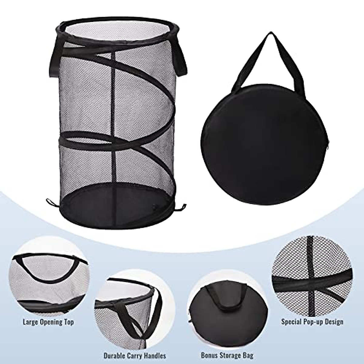 2 Pack Collapsible Mesh Laundry Basket Foldable with Handles Pop Up Dirty Clothes Storage Room Organizer, Black