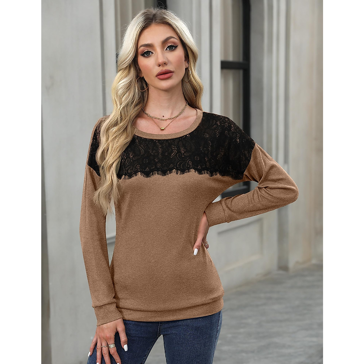 Women Fall Long Sleeve Holiday Lace Blouse Casual Trendy Formal Sweatshirt Brown M
