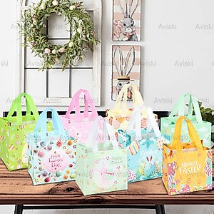 8PCS Happy Easter Egg Hunt Bags Easter Bunny Carrot Chick Egg Gift Bags with Handles, Easter Treat Bags, Multifunctional Non-Woven Easter Bags for Gifts Wrapping, Egg Hunt Game, Easter Party Supplies , 8.3×7.9×5.9inch