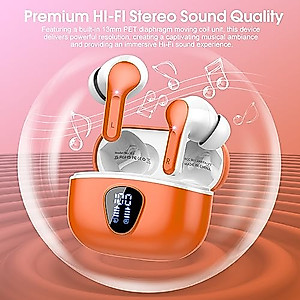Wireless Earbuds, Bluetooth 5.3 Headphones with 4 ENC Noise Cancelling Mic, Bluetooth Earbuds 40H Playtime , Wireless Headphones in ear Earphones Deep Bass Stereo, LED Display, IP7 Waterproof, Orange