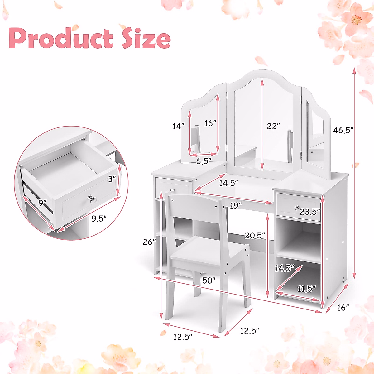 AKUSTIK Kids Vanity, 2 in 1 Wooden Princess Makeup Table and Chair for Toddlers with Tri-Folding Detachable Mirror, Storage Drawers for Little Girls, Pretend Beauty Dressing Desk Play Set Toy Gift