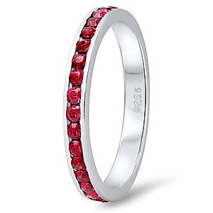 .925 Sterling Silver Simulated Ruby Red Stackable CZ Eternity Band, Size 7 + Cleaning Cloth