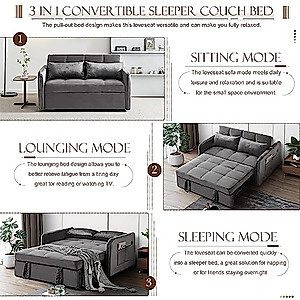 Velvet Pull Out Sleeper Sofa Bed with USB Ports, Convertible Futon Couch with Adjustable Backrest, 3 in 1 Modern Loveseat with 2 Pockets and Pillows, Small Love Seat for Living Room, Office, Dark Grey