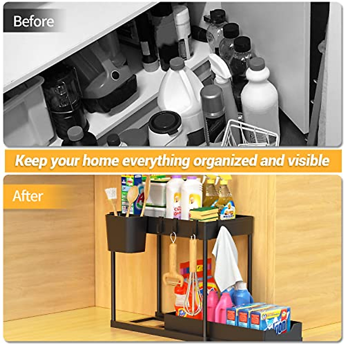 2PCS Under Sink Organizers and Storage, 2 Tier Under Sink Organizer with Sliding Drawers & Hooks & Hanging Cup, Multi-purpose Bathroom Storage Cabinet Organizer Shelf for Pantry, Bathroom, Kitchen
