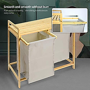 Baoz Bamboo Laundry Hamper with Shelf Freestanding Laundry Hamper 2 Section Dual Compartments Laundry Organizer with Removable Bags Space-Saving Laundry Organizer for Bathroom, Living Room, Bedroom