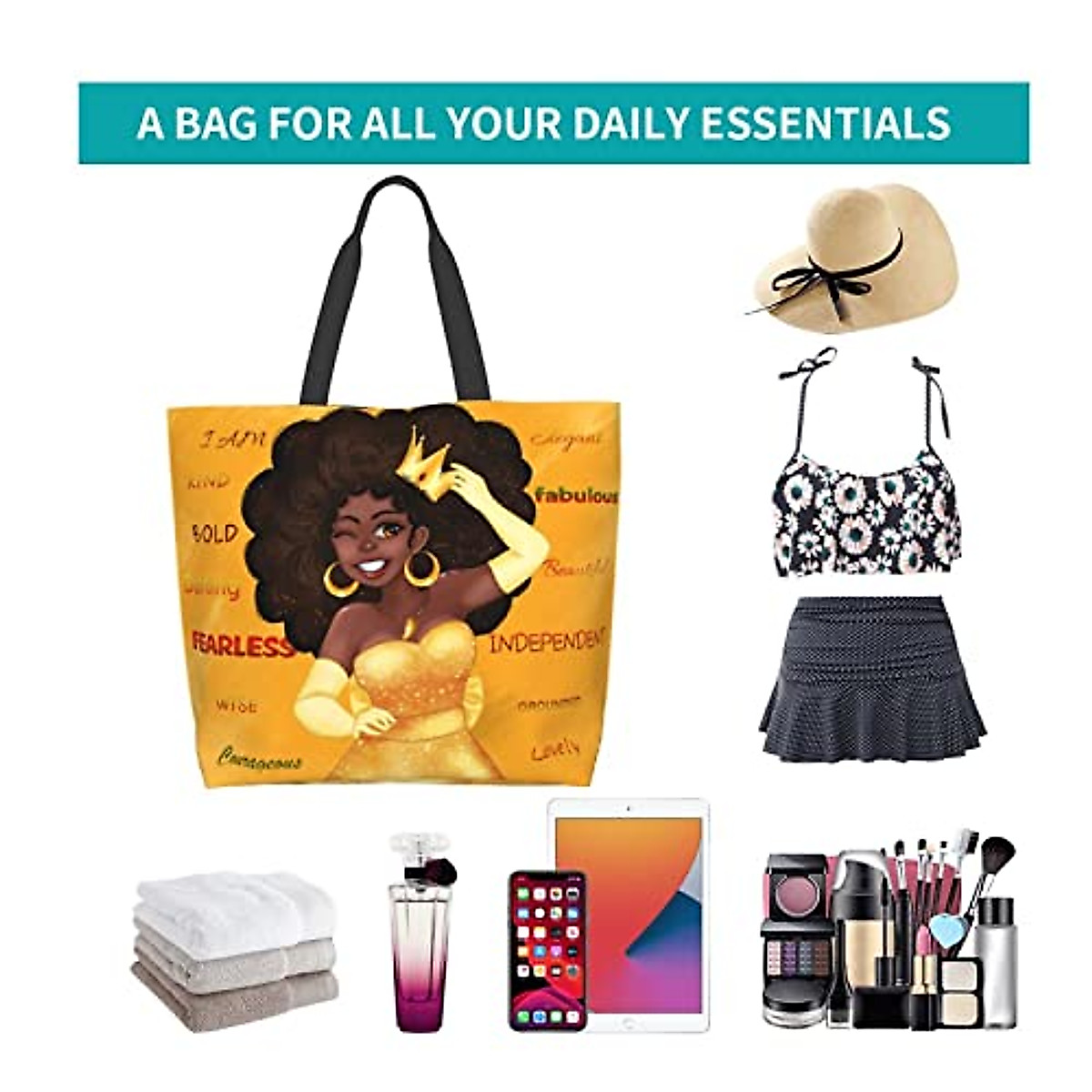LMSM African American Woman Washable Shopping Bag Afro Black Girl Magic Large Casual Satchel Handbags Beach Bag For Gift Shopping Work