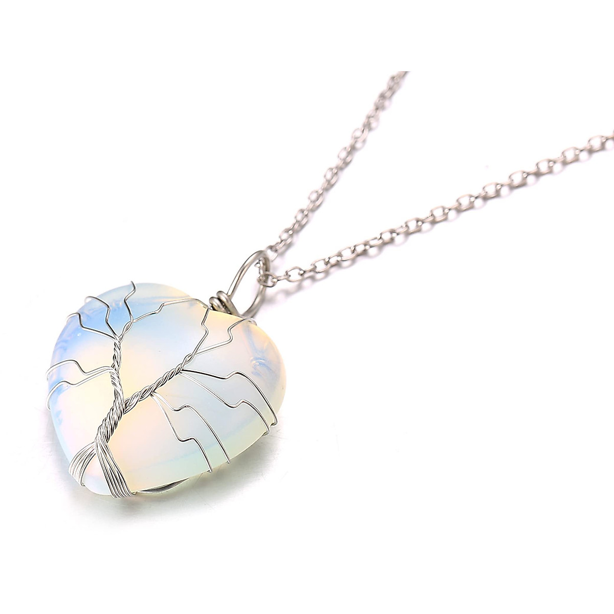 Halukakah Moonstone Necklace - LUNARLOVE - Handmade Platinum Plated Winding Tree of Life Wire, Natural Crystal Heart Shape Pendants and 20" Chain…