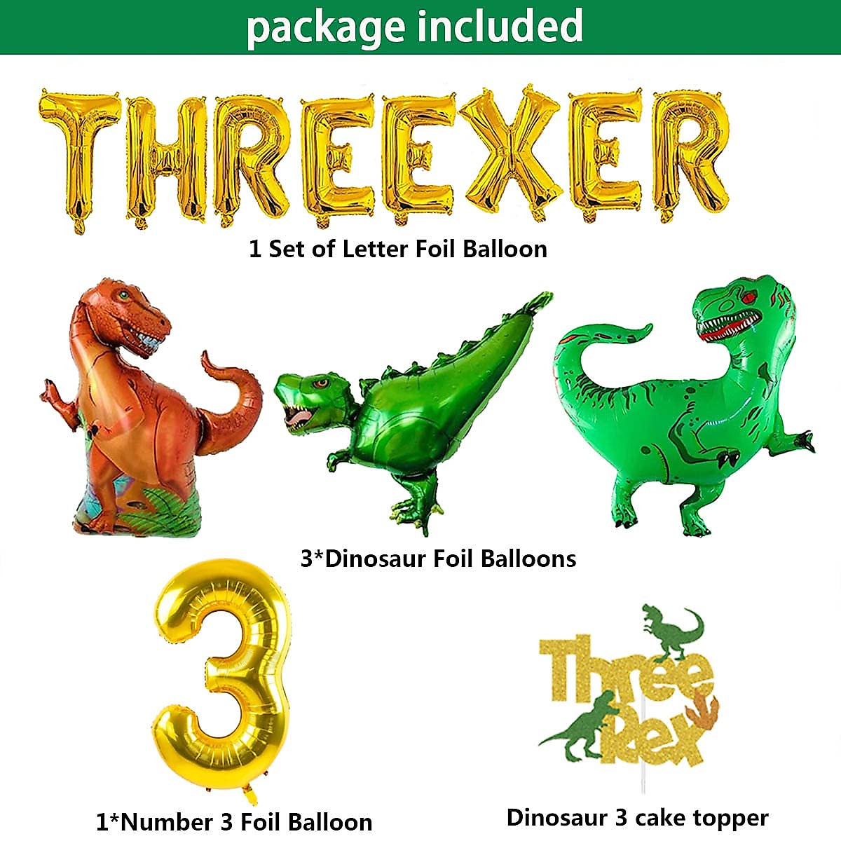 Three Dino Rex Birthday Party Decorations, Three Inspired Rex Letter Balloon T-Rex Dinosaur 3 Cake Topper for 3 Year Old Birthday Party Decorations,Boys Dinosaur Birthday Party Supplies