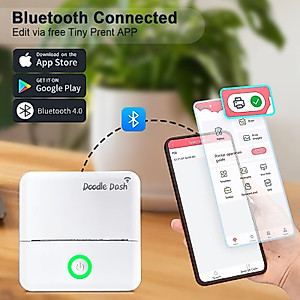 Doodle Dash Printer Mini Printer Sticker Maker Bluetooth Connection Cell Phone, Tablet with 5 Self-Adhesive Rolls Printing Paper Wireless Inkless Pocket Printer Suitable for Photos, Study (White)