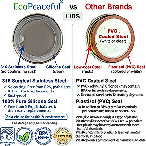 EcoPeaceful 316 Surgical Stainless Steel Mason Jar Lids WIDE Mouth -ORIGINAL DESIGN- Stackable w/Pull-Tab Silicone Seal. Rust-proof, Airtight, Leak-Proof, BPA-Free, PVC-Free, Vegan - Not for Canning