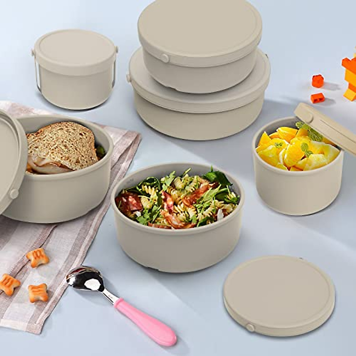 KVK Silicone Food Storage Bowl Large Lunch Container with Leakproof Strap(16.9oz, 25.4oz, 42.3oz) - Reusable for Bento Box, Food Leftover Storage, Meal Prep with Lid - Oven Freezer Safe - Light Grey