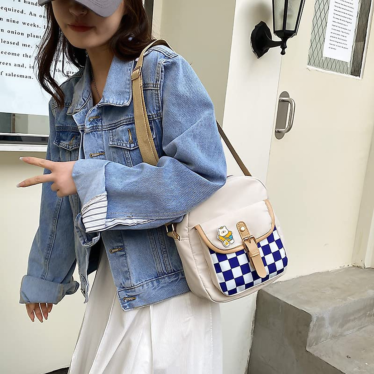 Kawaii Checkered Crossbody Bag Cute Purse Bag Japanese Shoulder Bag Harajuku Aesthetic Mini Bag Women Ita Messenger Bags (Blue, One Size)