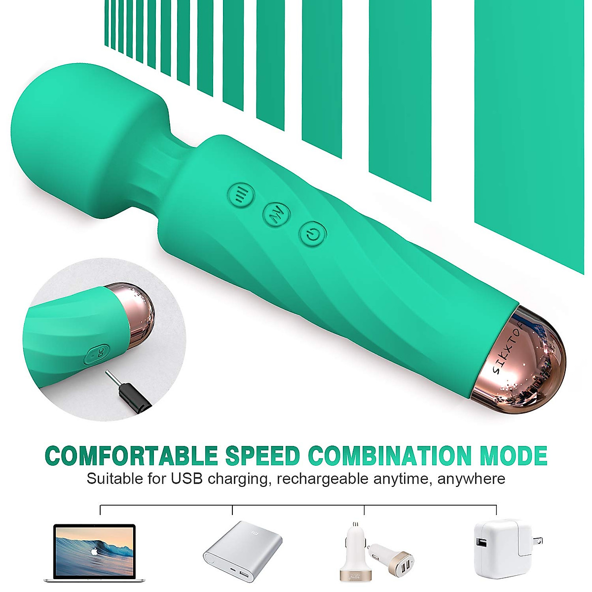 SIKXTOA Mini Vibrator, 8 Speeds 20 Patterns, G Spot Massage Wand, Clitoral Stimulator, Dildo, Sex Toys- Rechargeable Handheld Powerful Silent Waterproof, Female Adult Toys (Wave Green)