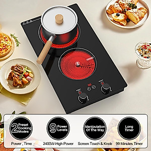 Electric Cooktop,110V 2400W Electric Stove Top with Knob Control, 11 Power Levels, Kids Lock & Timer, Hot Surface Indicator, Overheat Protection,Built-in and Countertop 2 Burner Electric Cooktop