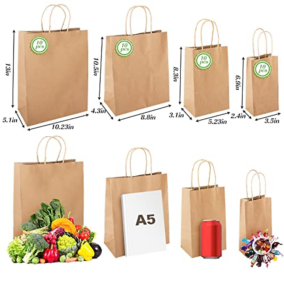 TOMNK 40pcs Brown Paper Bags with Handles Mixed Size Kraft Paper Bags, Gift Bags Bulk for Gifts, Shopping, Packaging, Merchandise, Grocery and Craft (4 Sizes)