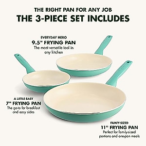 GreenPan Rio Healthy Ceramic Nonstick 7" 9.5" and 11" Frying Pan Skillet Set, PFAS-Free, Dishwasher Safe, Turquoise