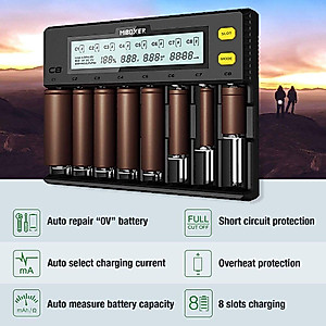 MiBOXER 18650 Battery Charger, 8-Bay Smart Charger with Automatic LCD Display, Fast Charge Rechargeable Li-ion LiFePO4 Ni-MH Ni-Cd AA AAA C 21700 26650 13650 16340 18350 18700 RCR123