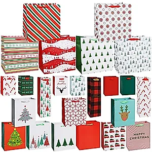 Lulu Home Christmas Wrapping Bags, 24 Packs Assorted Size Art Paper Gift Bags Set with Handles, Xmas Large Medium Small Bottle Bags for Holiday Birthday Present Packaging