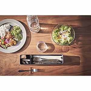 YAMAZAKI Home Rin Utensil Case Knife Fork Spoon Silverware Cutlery Holder With Divider, Portable For Kitchen Counter Or Table - Plastic + Wood