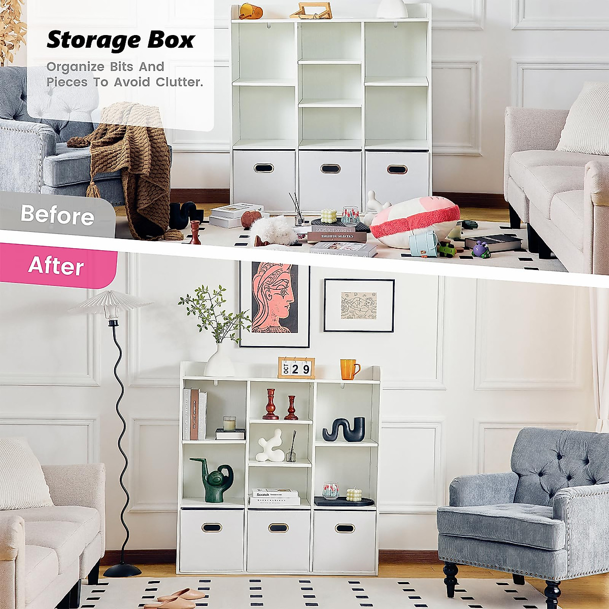 Redlife 7 Cubes Organizer, Wooden Cube Bookcase - 3 Tier Freestanding Open Bookshelf, White Storage Display Shelf with Adjustable Shelves for Home Office, Workspace, Bedroom, Play Room