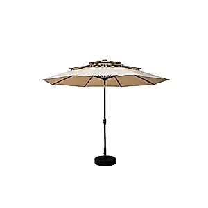 PUPZO 10FT 3 Tiers Sunbrella Patio Solar 32 LED Lighted Umbrella Outdoor with 8 Ribs (KHAKI)